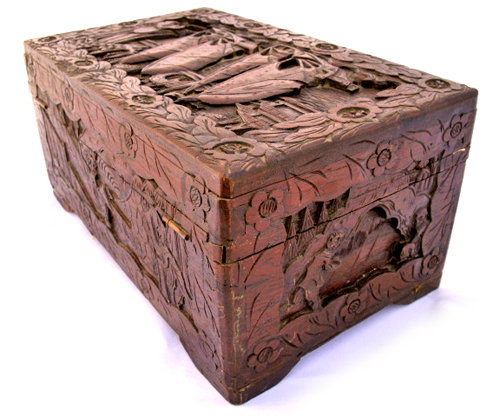 Vintage Old Wood Wooden Jewelry Treasure BOX CARVED Schooner Sail Sea ...