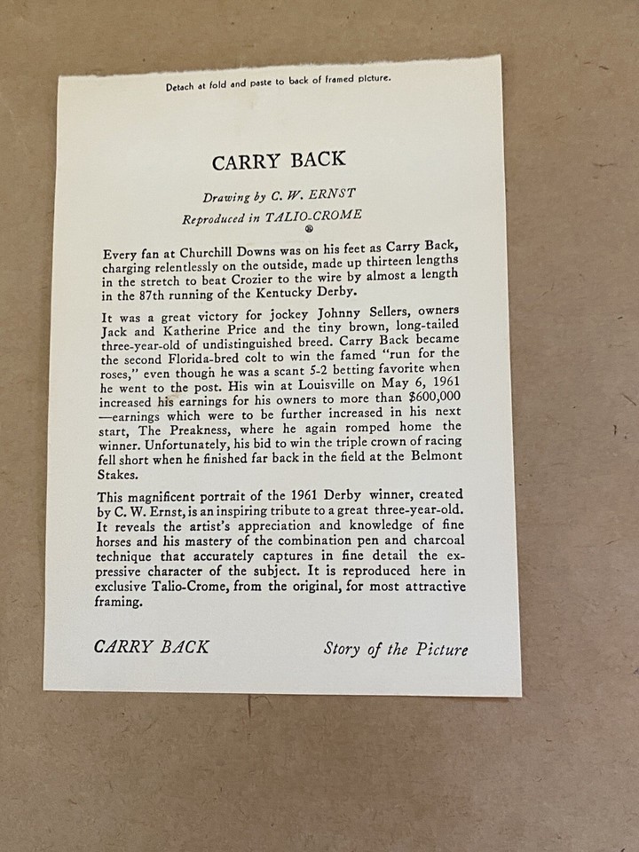 Carry Back Drawing Of 1961 Kentucky Derby Winner By C.W. Ernst | eBay