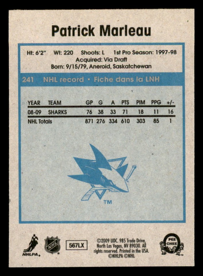 2009-10 O-Pee-Chee Retro #241 Patrick Marleau San Jose Sharks | eBay