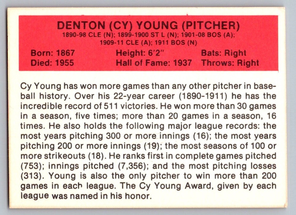 1987 Hygrade All-Time Greats #NNO Cy Young Promos (Red Backs) | eBay