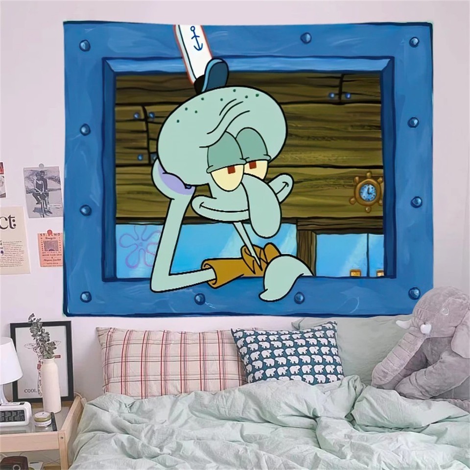 SpongeBob & Squidward Tapestry – Cartoon Wall Hanging Aesthetic Room ...