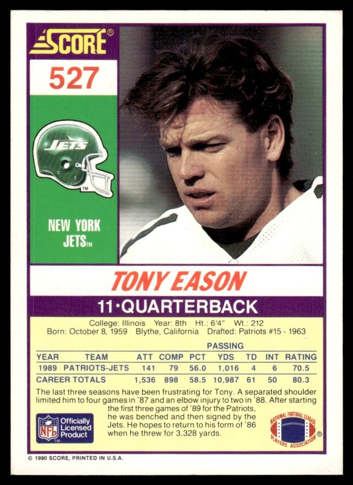 1990 Score Tony Eason New York Jets #527 | eBay