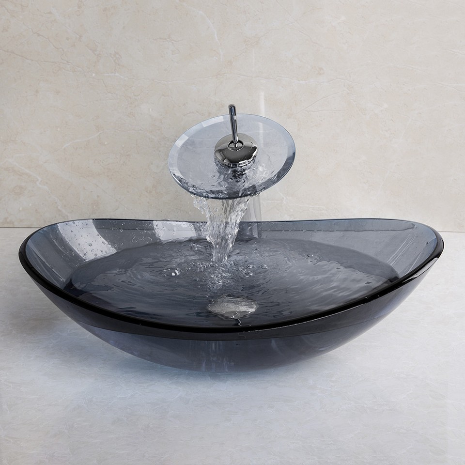 Bathroom Tempered Glass Vessel Sink Bowl Vanity Basin Faucet Pop-Up ...