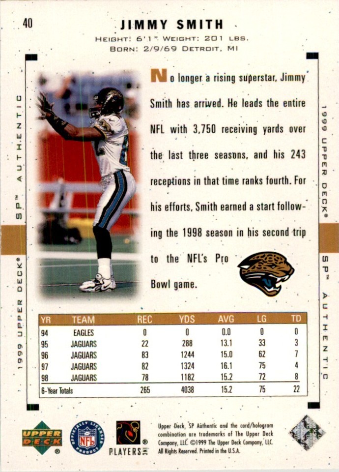 1999 Upper Deck SP Authentic Jimmy Smith Football Cards #40 | eBay