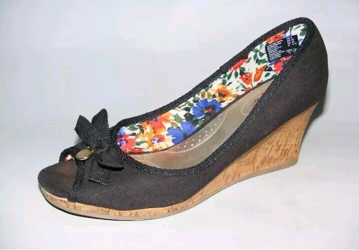 Dexflex Comfort Women Size 8W Black Peep Toe Cork Wedges Heels Open Toe ...