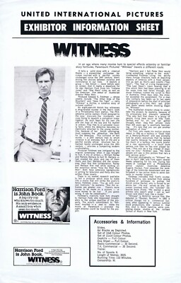 WITNESS Original Movie Press Sheet Harrison Ford Peter Weir Kelly ...
