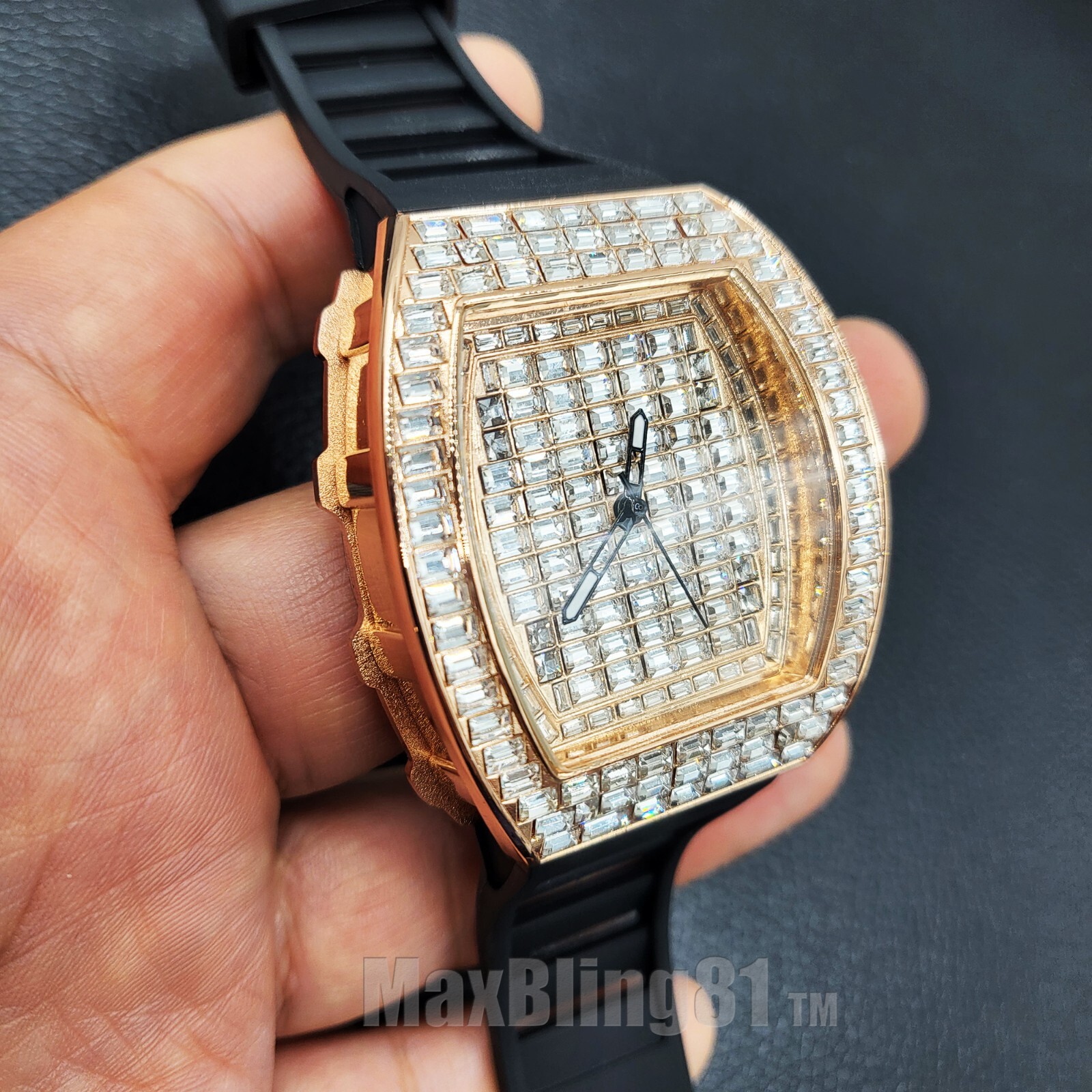 Men Luxury Watch Iced Bling Rapper Baguette Stone Silicone Band Fashion ...