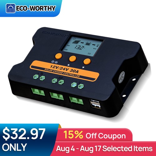 ECO-WORTHY Solar Charge Controller 30A Dual USB Port Auto 12V/24V PWM ...