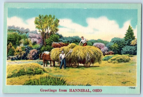 Hannibal Ohio OH Postcard Greetings Wagon Hay Men Trees Scene c1940's ...