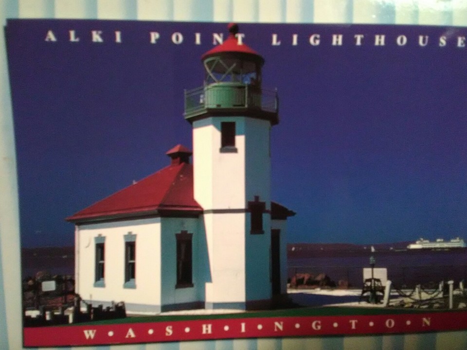 CHROME POST CARD ALKI POINT LIGHTHOUSE & PUGET SOUND FERRY SEATTLE ...