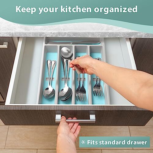 Silverware Organizer with Icons，Plastic Cutlery Grey+Mint Color-Small ...