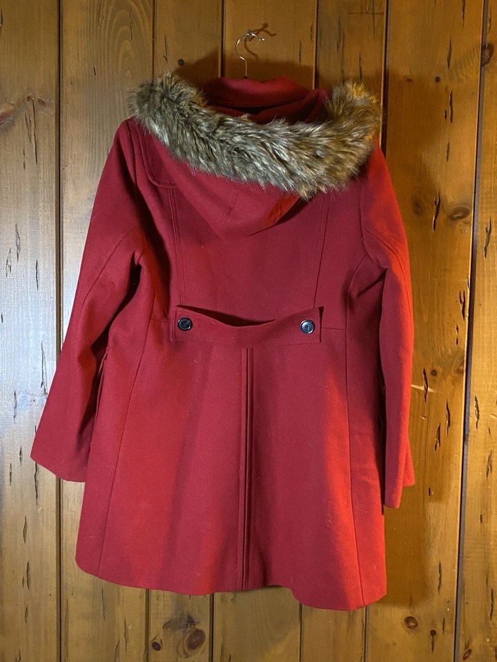 Tommy Hilfiger Red Wool Blend Duffle Coat Faux Fur Hood Toggle Closure ...