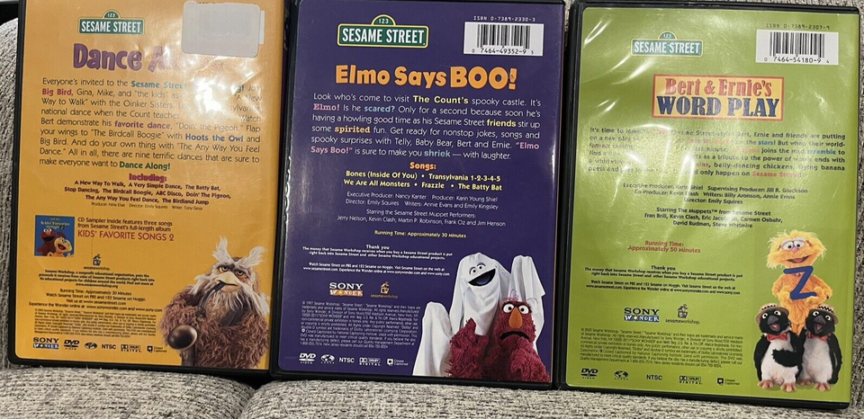 Sesame Street 3 Dvds Bert and Ernies Word Play, Elmo Says Boo, Dance ...