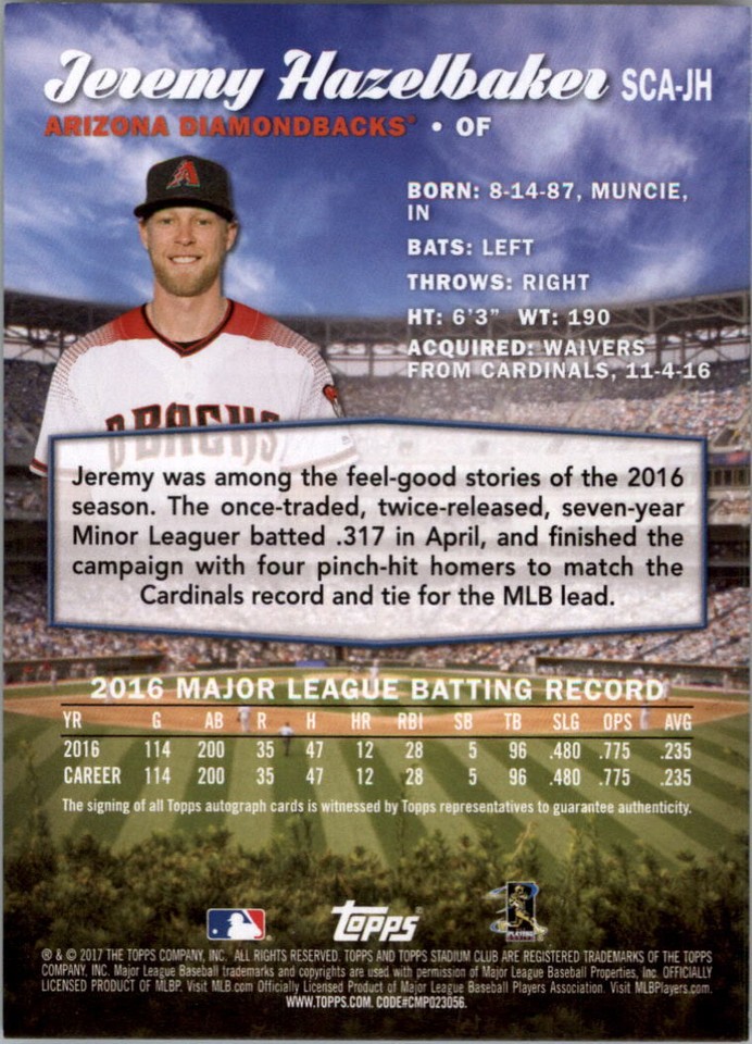 2017 Stadium Club Autographs #SCAJH Jeremy Hazelbaker Auto - NM-MT | eBay