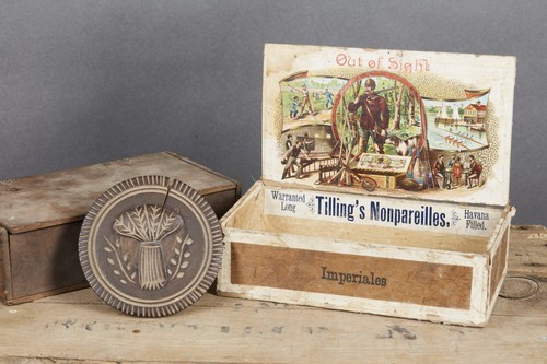 PRIMITIVE LOT BUTTER STAMP CIGAR BOX BRASS HINGE BOX AAFA | eBay