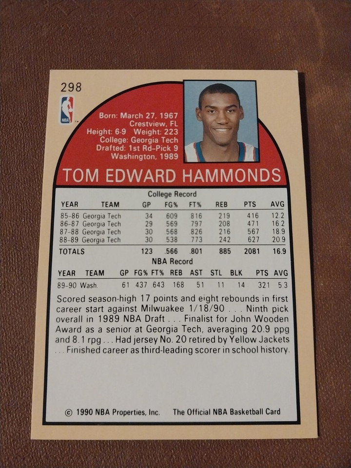 1990 TOM HAMMONDS NBA HOOPS ROOKIE CARD RC #298b WASHINGTON BULLETS ...