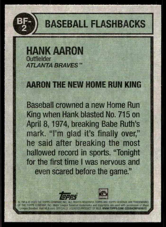 2022 Topps Heritage Baseball Flashbacks Hank Aaron G73 #BF-2 | eBay