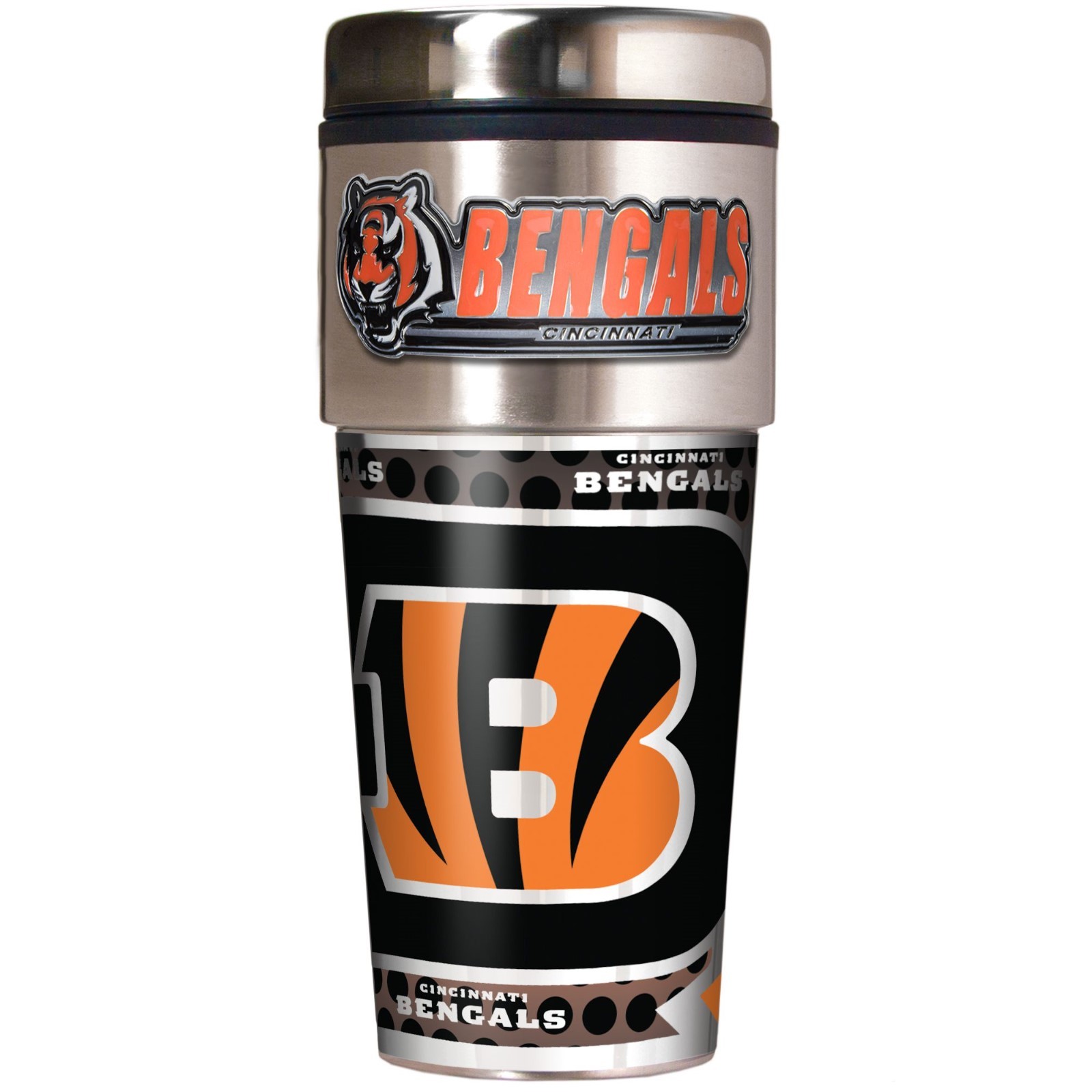 CINCINNATI BENGALS 16 OZ STAINLESS STEEL COFFEE TRAVEL MUG WITH METAL ...