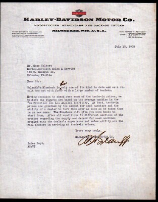 1938 Harley Davidson Motorcycles - GREAT Content - EX RARE Letter Head ...