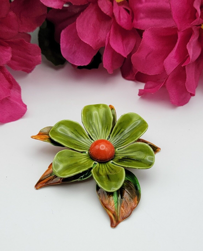 Vintage Signed REGENCY Flower Brooch 2.5 Inch Green Red Enamel Gold ...
