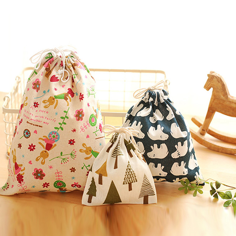 Cotton Linen Fabric Drawstring Storage Bag Organizer Toy Storage Bag 3 ...