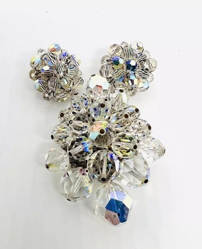 Faceted AB Crystal Cluster Beaded Brooch & Earrings Demi Vintage ...
