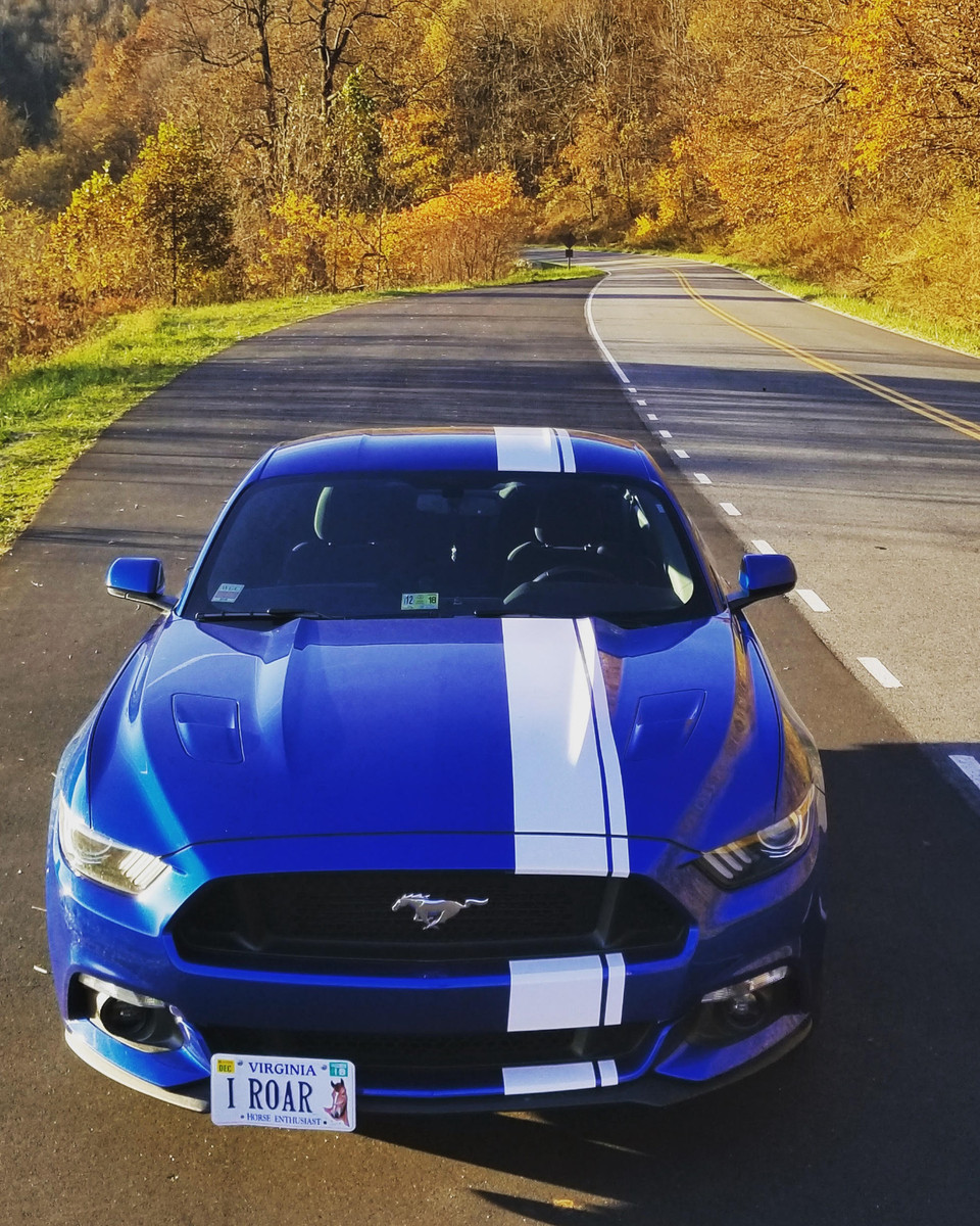 Blue Mustang With Racing Stripes