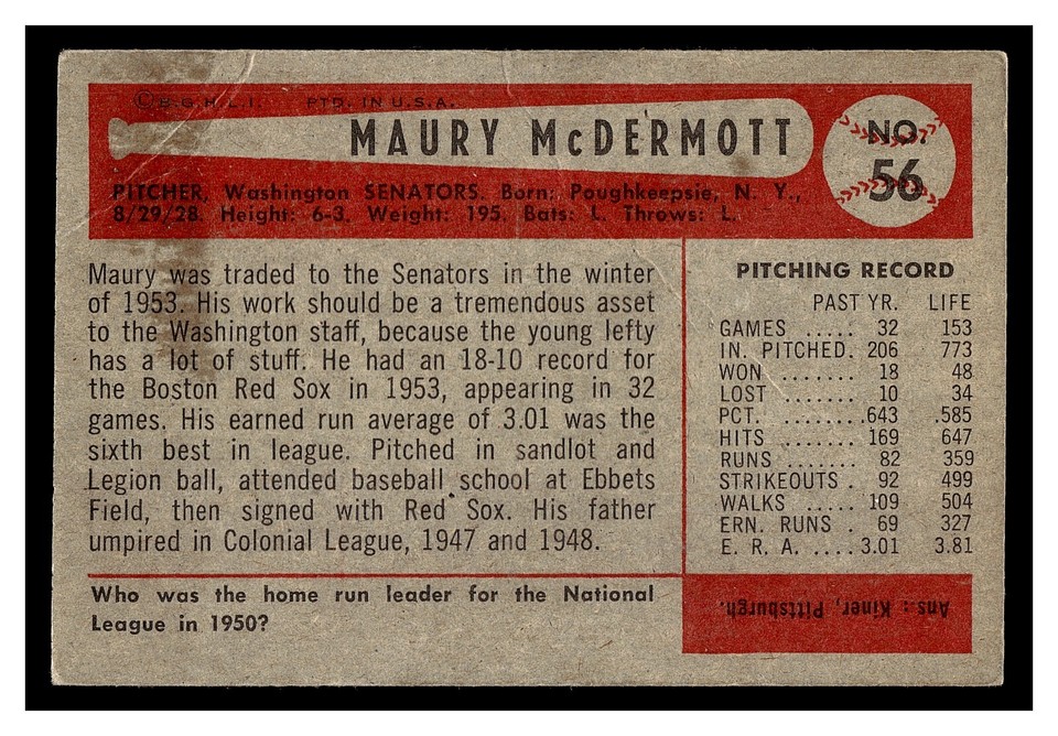 1954 BOWMAN MAURY MCDERMOTT #56 WASHINGTON SENATORS MID GRADE LOOKS ...