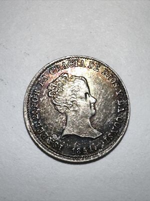 1851 SPAIN Queen ISABELLA II Antique Silver 2 Reales Spanish Coin Toned ...