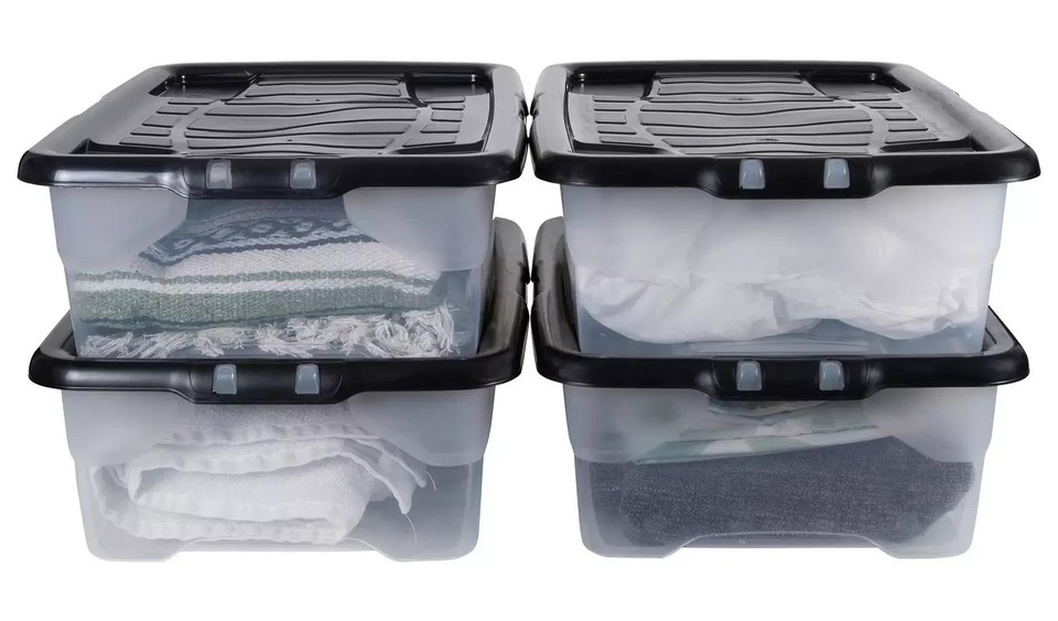 Storage Box & Lid with clip-on lids Strata 4 x 30L Curve Plastic Clear ...