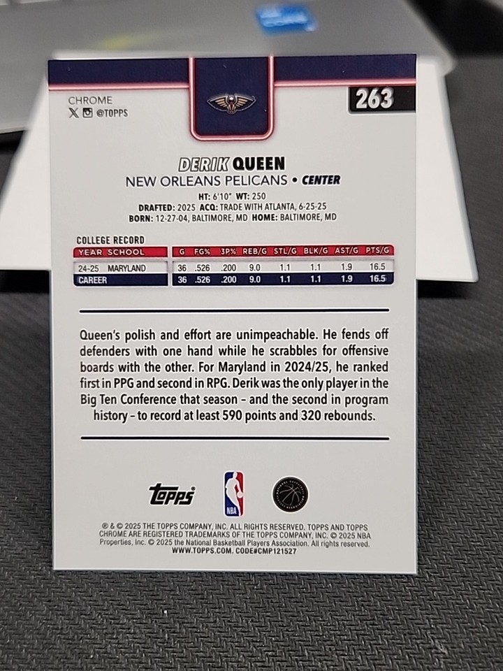 2025-26 Topps Chrome Basketball Derik Queen #263 Gold Pulsar #07/50 RC ...