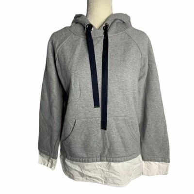 Layered Look Hoodie Sweatshirt M Grey Long Sleeve Pullover Stretch Knit ...