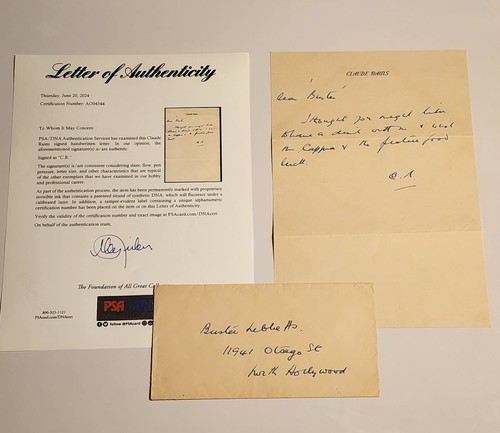 Claude Rains Signed Handwritten Letter PSA DNA Autograph Actor Auto ...
