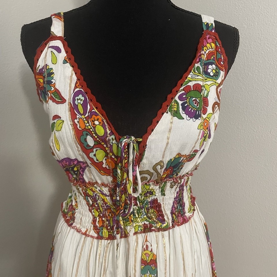 ME 2 MAGIC Anthropologie Sz L Floral Metallic Tiered Maxi Dress Smocked ...