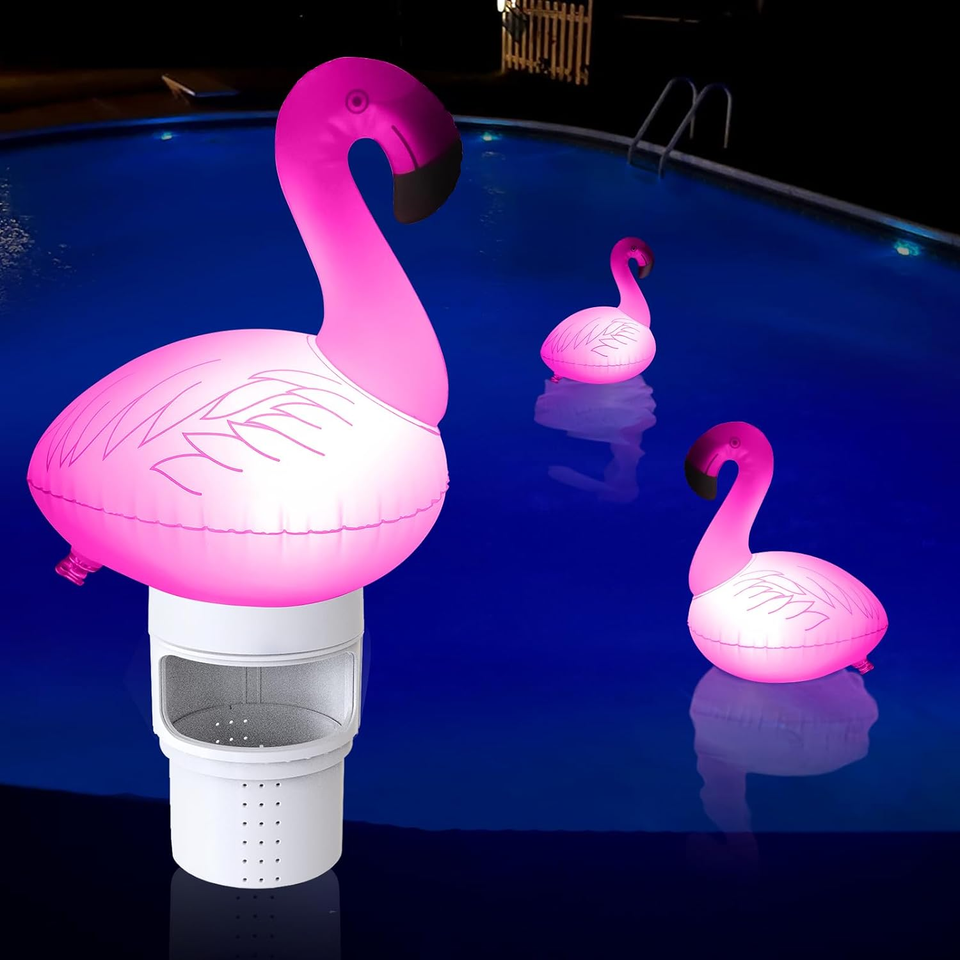 Pool Chlorine Floater with Solar Light, Inflatable Flamingo Floating ...