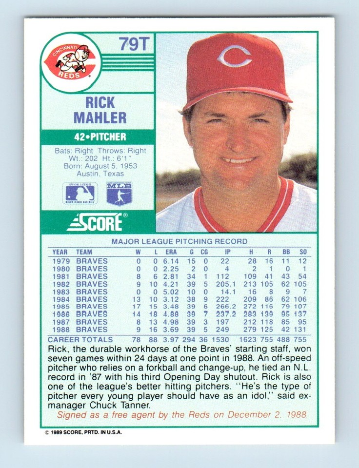 1989 Score Rookie & Traded Rick Mahler Cincinnati Reds #79T | eBay