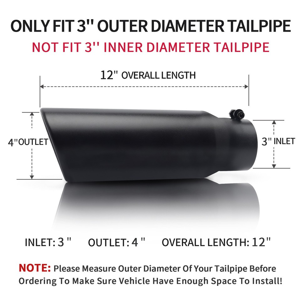 Black Powder-Coated Exhaust Tip 3" Inlet 4" Outlet 12" Long Tailpipe ...