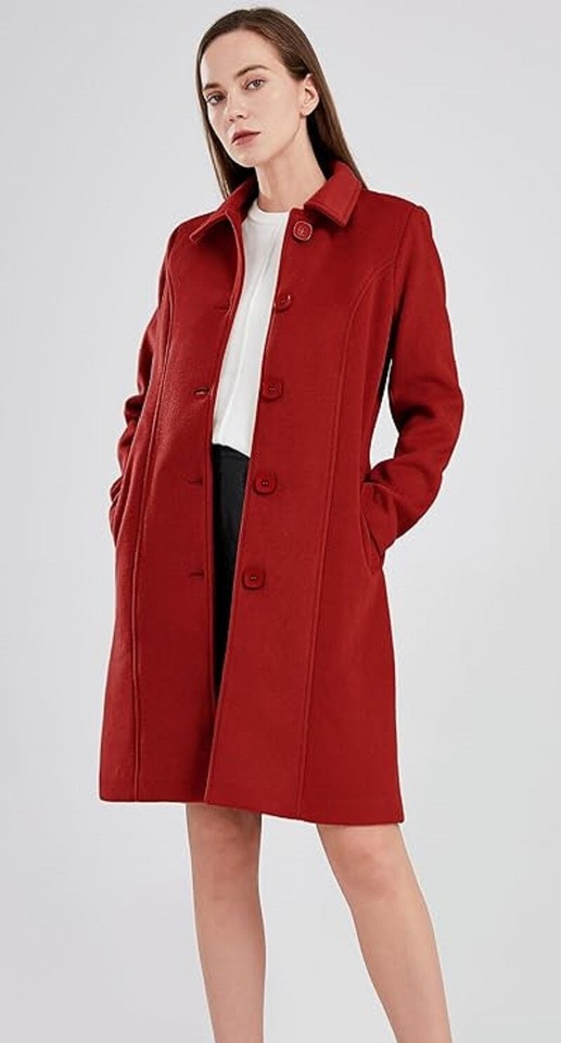 ChouYatou Women's Fall Winter Elegant Single Breasted Long Overcoat RED ...