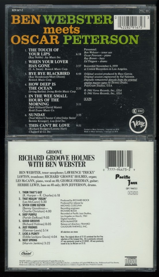 Ben Webster - 2 CD Lot: Richard Groove Holmes With Ben, Ben Meets Oscar ...