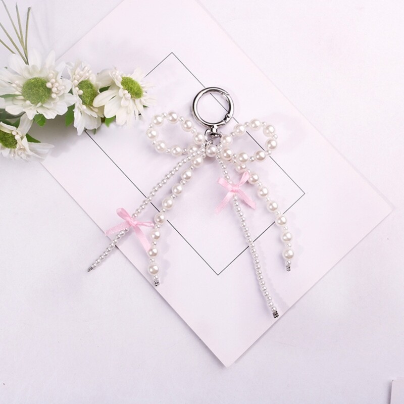 Pearls Bead Bowknot Key Rings Pendant Butterfly Knot Beaded Keychain ...