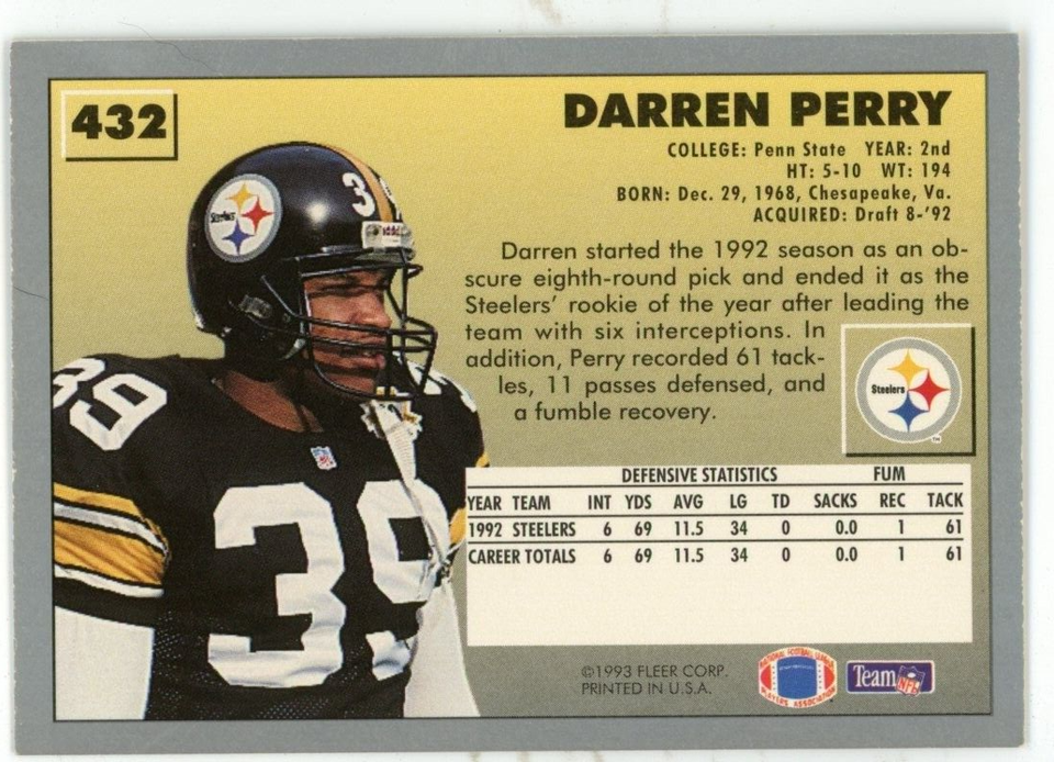1993 Fleer Football Card #432 Darren Perry | eBay