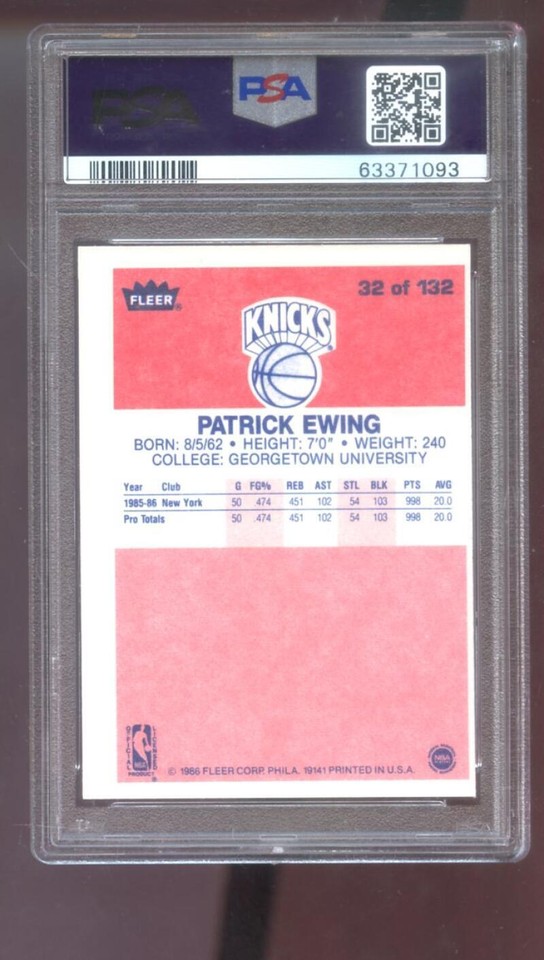 1986-87 Fleer #32 Patrick Ewing Pat ROOKIE RC PSA 8 (OC) Graded ...