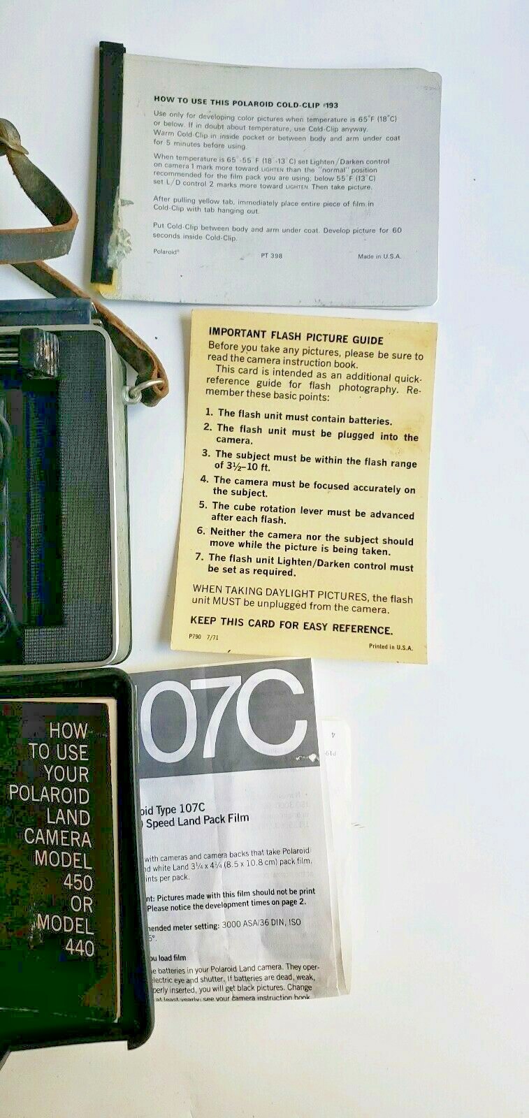 POLAROID 450 Automatic LAND CAMERA + Flash + Instructions Leather Strap ...