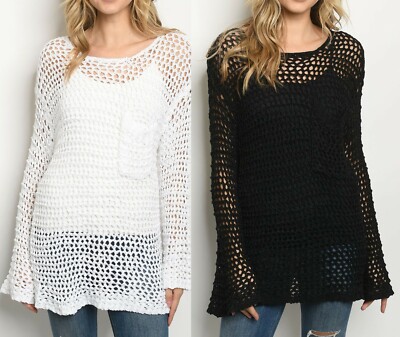 Long Sleeve Open Mesh Crochet Knit Pullover Sweater Blouse Tunic Top | eBay