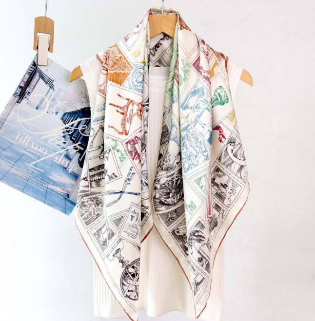 Pure 14 Momme Twill Silk Postage Print Scarf Shawl 88X88cm Bandanna ...