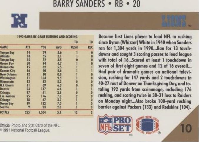 1991 Pro Set Barry Sanders #10 for sale | eBay