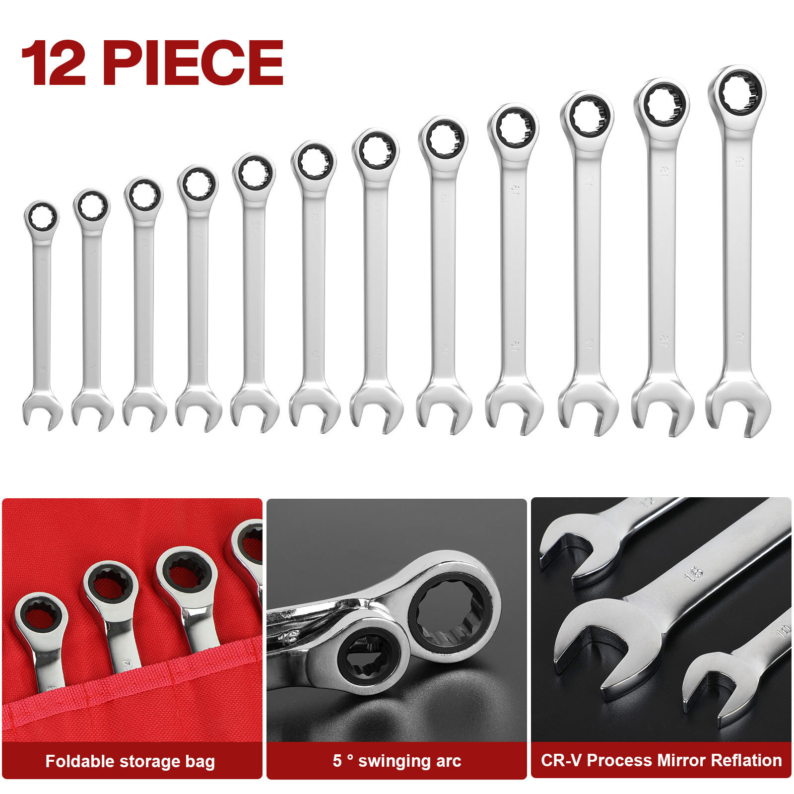 12Pc 8-19mm Metric Fixed Head Ratcheting Wrench Combination Spanner ...