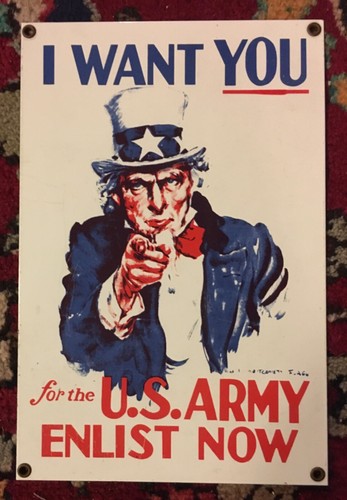 UNCLE SAM METAL / ENAMEL SIGN "I Want You for the US Army" WWI Era ...