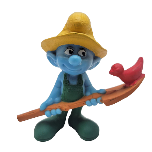 Farmer Gardener Smurf McDonalds Toy Figurine Yellow Hat Red Bird 3 ...
