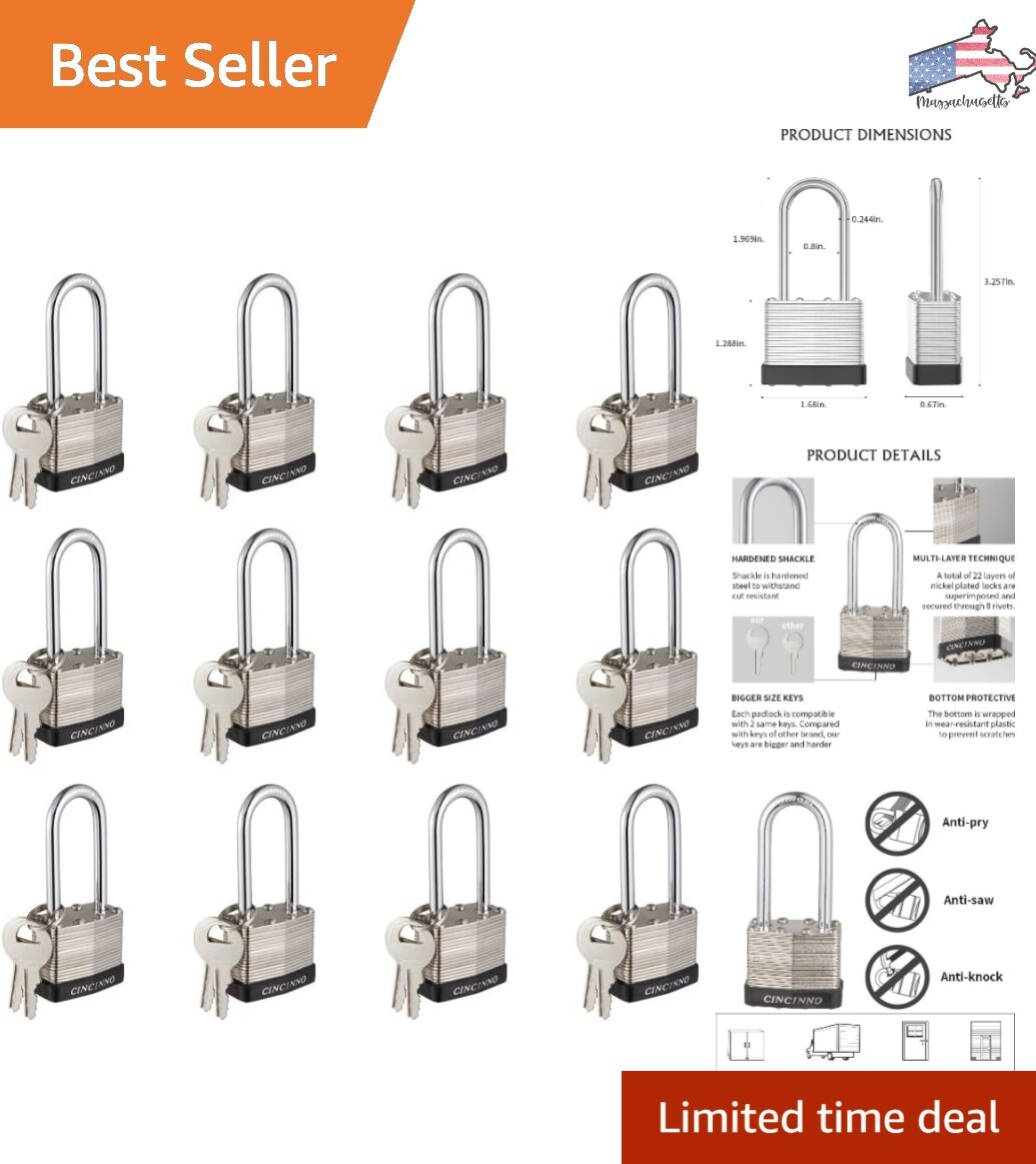 12 Pack Long Shackle Padlocks with Keys - Nickel Plated Steel, Weather ...